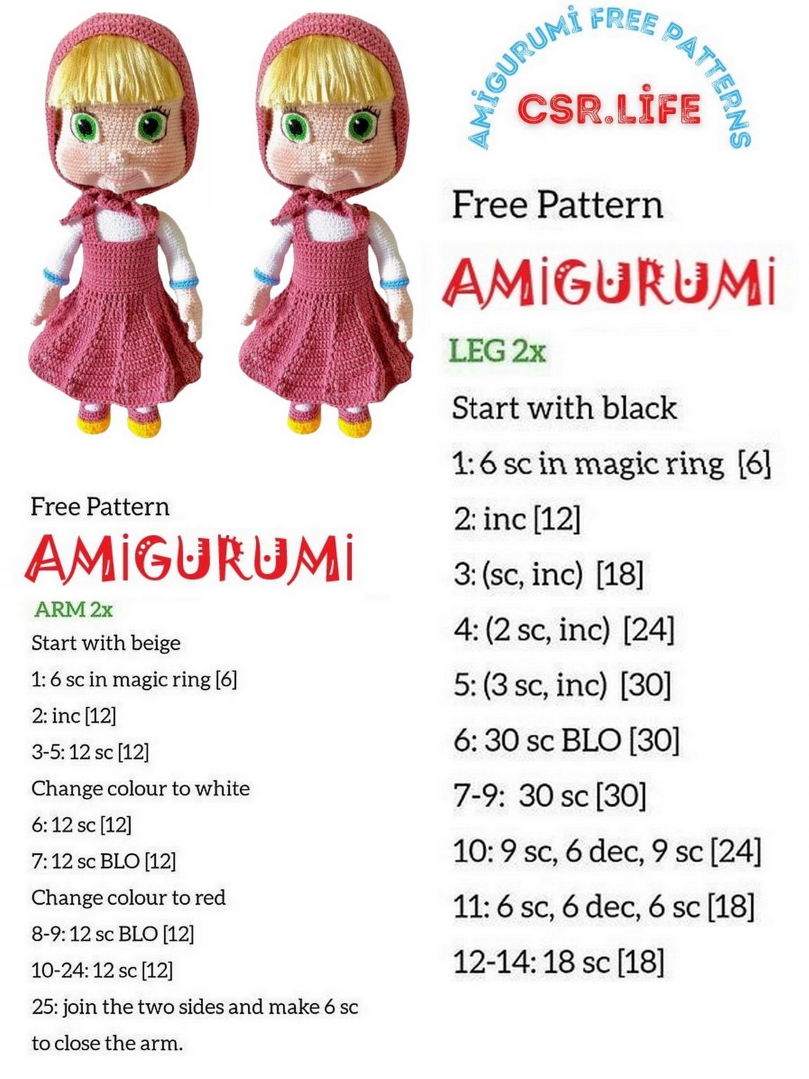 Masha Amigurumi Free Pattern - Free Amigurumi Crochet Patterns